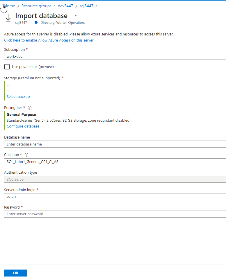 FIX: Importing Azure SQL database OK button does nothing